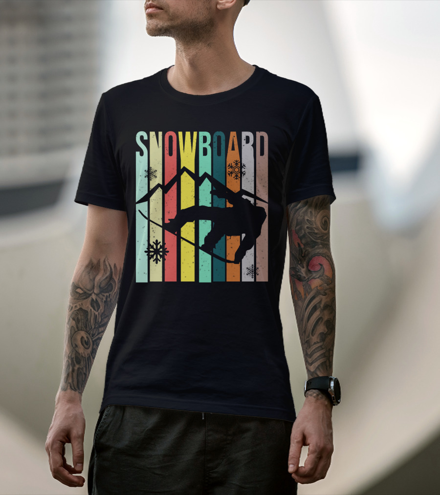 Snowboard Snowboarding Retro Mountain Silhouette Snowflakes T-Shirt