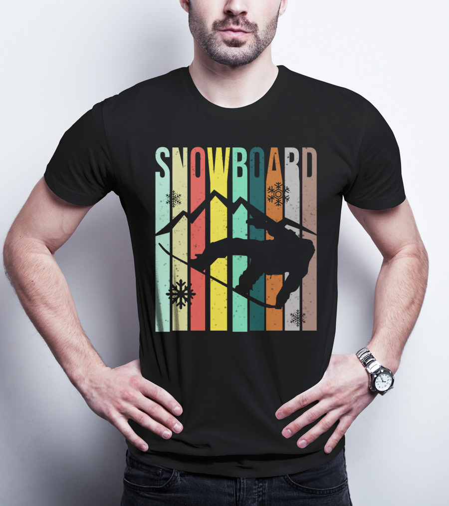 Snowboard Snowboarding Retro Mountain Silhouette Snowflakes T-Shirt