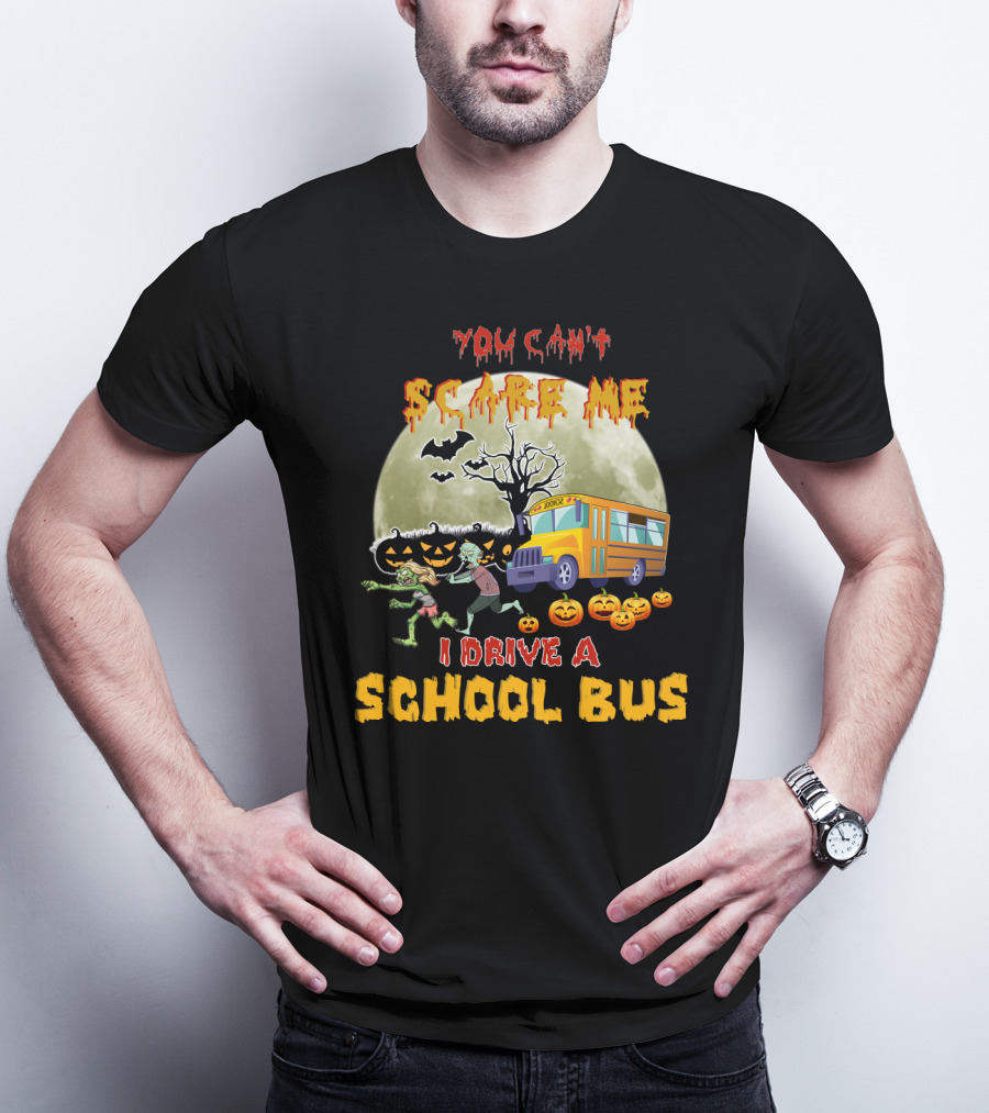 You Can't Scare Me I Drive A School Bus Halloween Zombies Pumpkins Moon T-Shirt