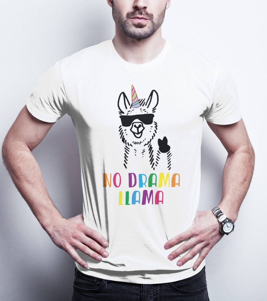 Llamacorn No Drama Llama Funny Unicorn Rainbow Text Sunglasses Peace Sign T-Shirt