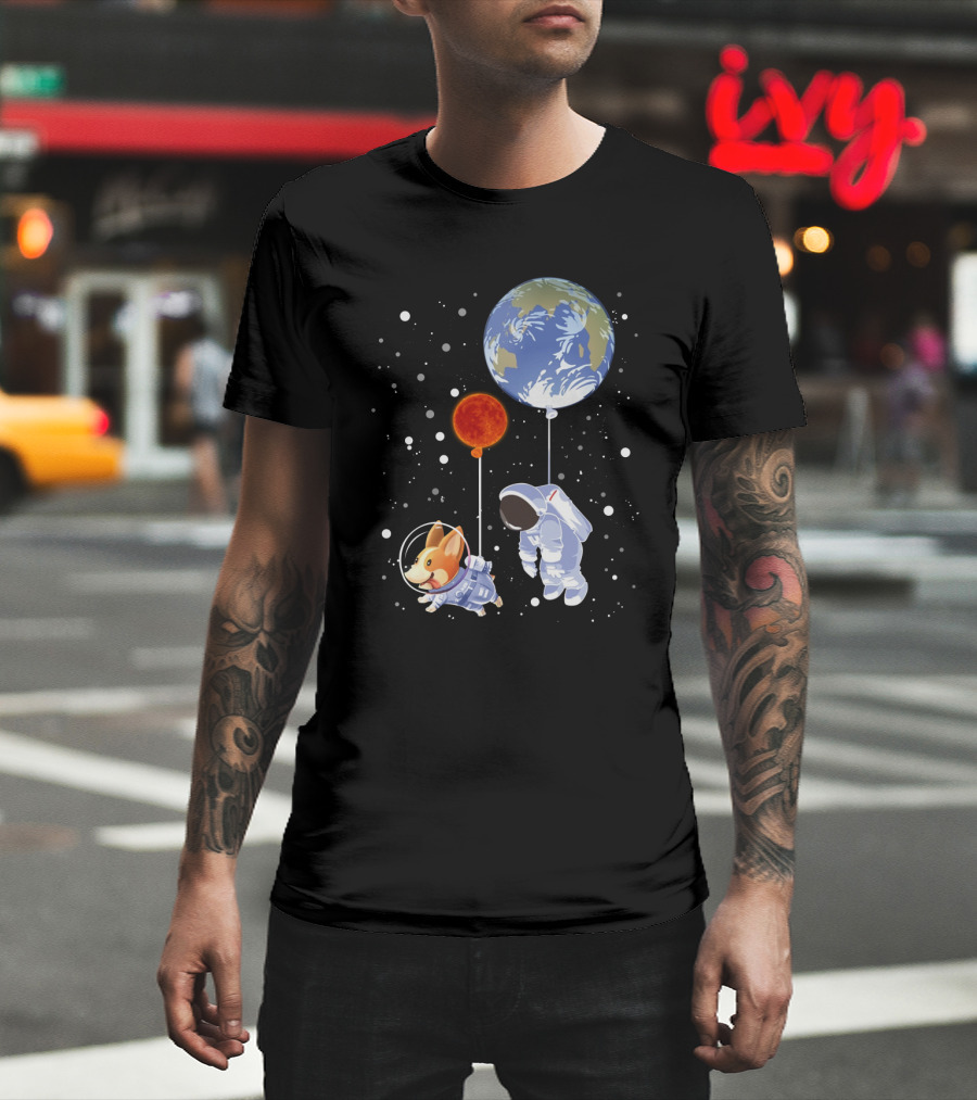 Corgi Astronaut And Human Floating With Earth And Mars Balloons In Space T-Shirt