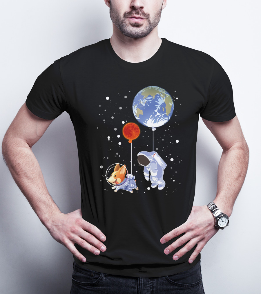 Corgi Astronaut And Human Floating With Earth And Mars Balloons In Space T-Shirt