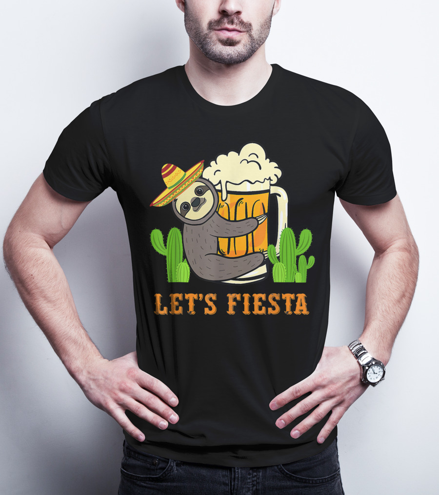 Let's Fiesta Sloth With Beer And Mexican Cactus Celebrating Cinco De Mayo T-Shirt