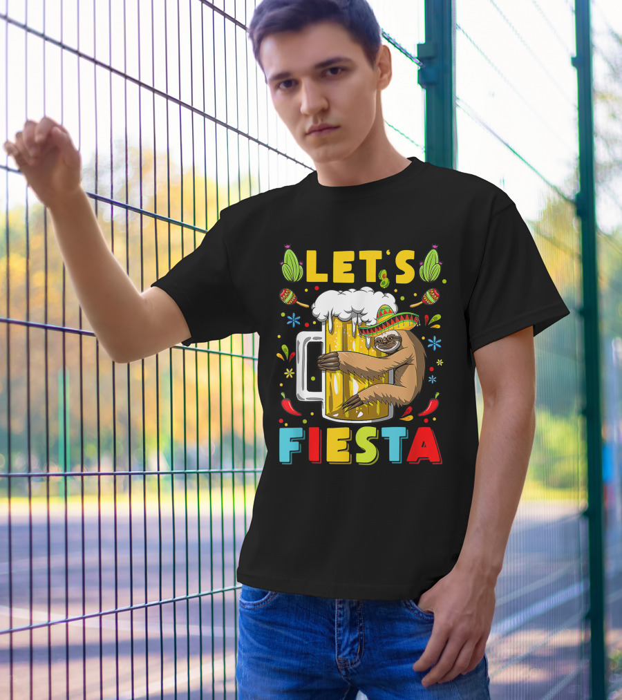 Fiesta Sloth Hugging Beer Mug With Sombrero And Mexican Decor For Cinco De Mayo T-Shirt