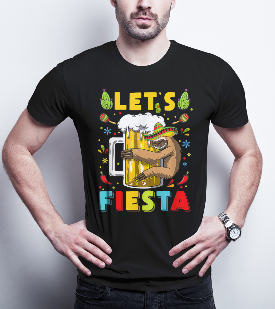 Fiesta Sloth Hugging Beer Mug With Sombrero And Mexican Decor For Cinco De Mayo T-Shirt