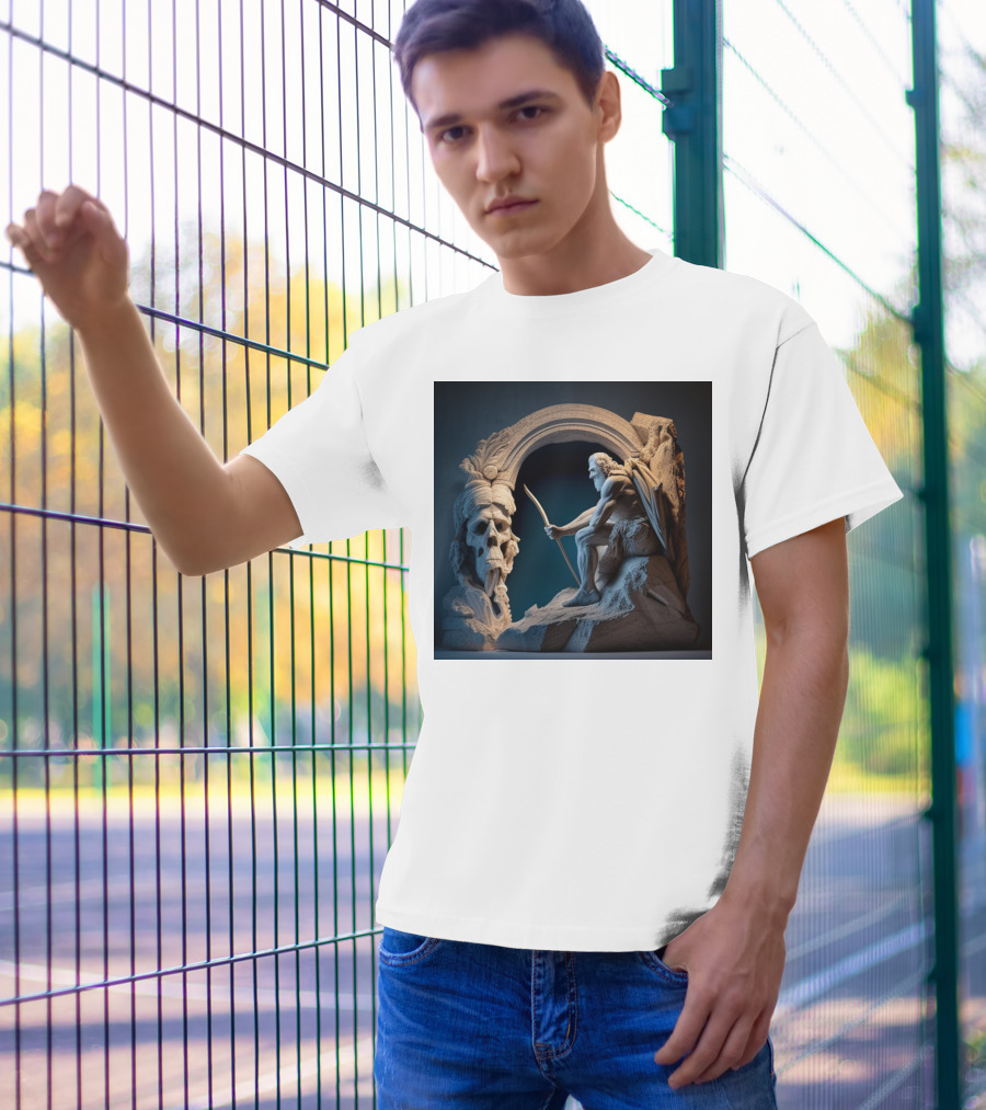 A Strong Old Man Warrior Statuesque Power In Mythical Stone Arch T-Shirt