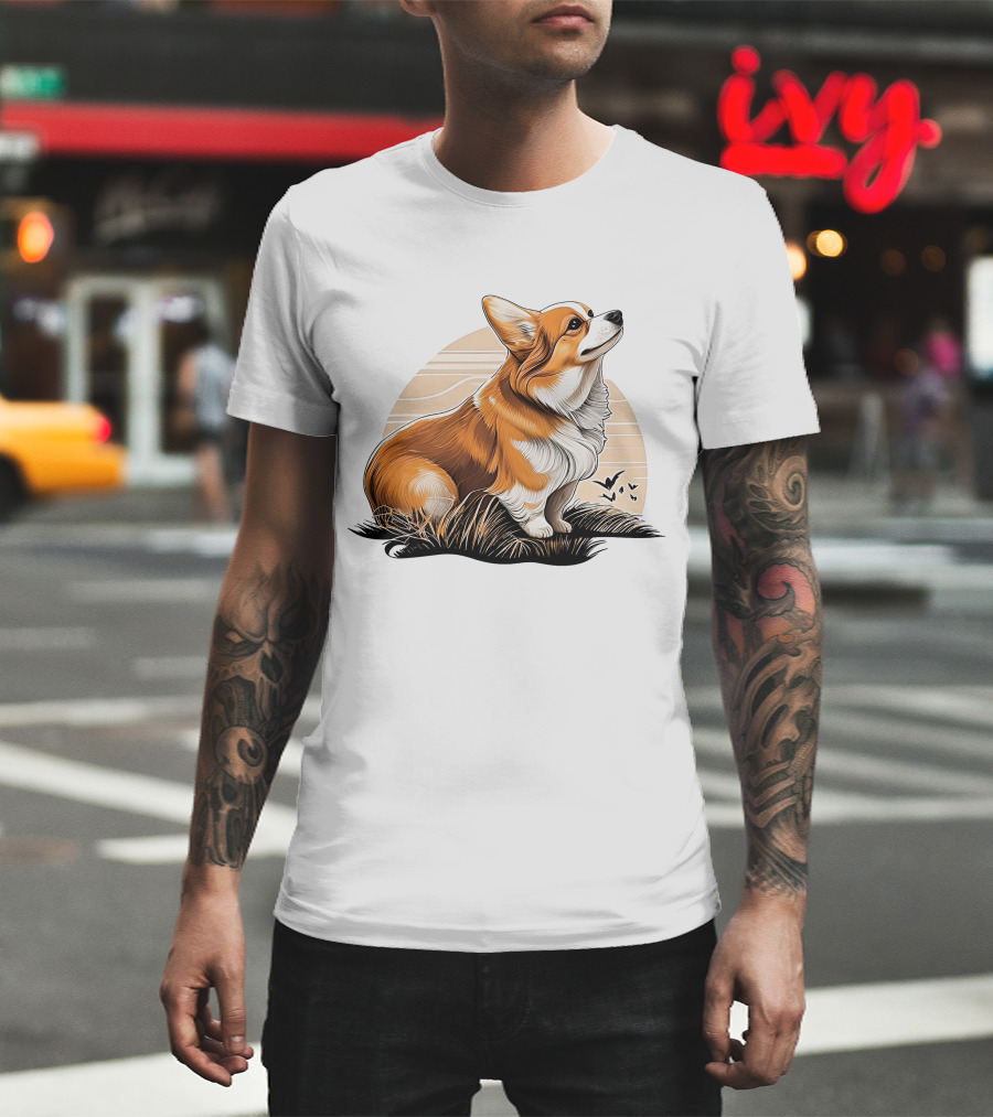 Corgi Dog Cute Sunset Scene T-Shirt