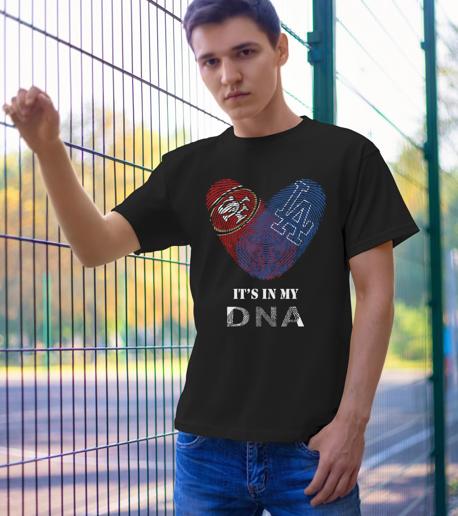 49Ers Dodgers SF LA Heart Fingerprint DNA T-Shirt