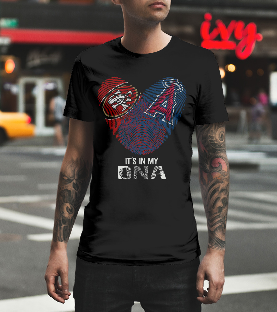 49Ers SF Logo And Los Angeles Angels DNA Fingerprint Heart T-Shirt