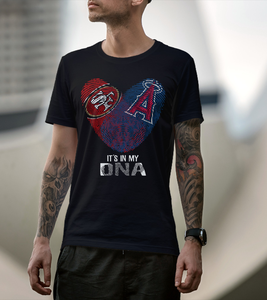 49Ers SF Logo And Los Angeles Angels DNA Fingerprint Heart T-Shirt