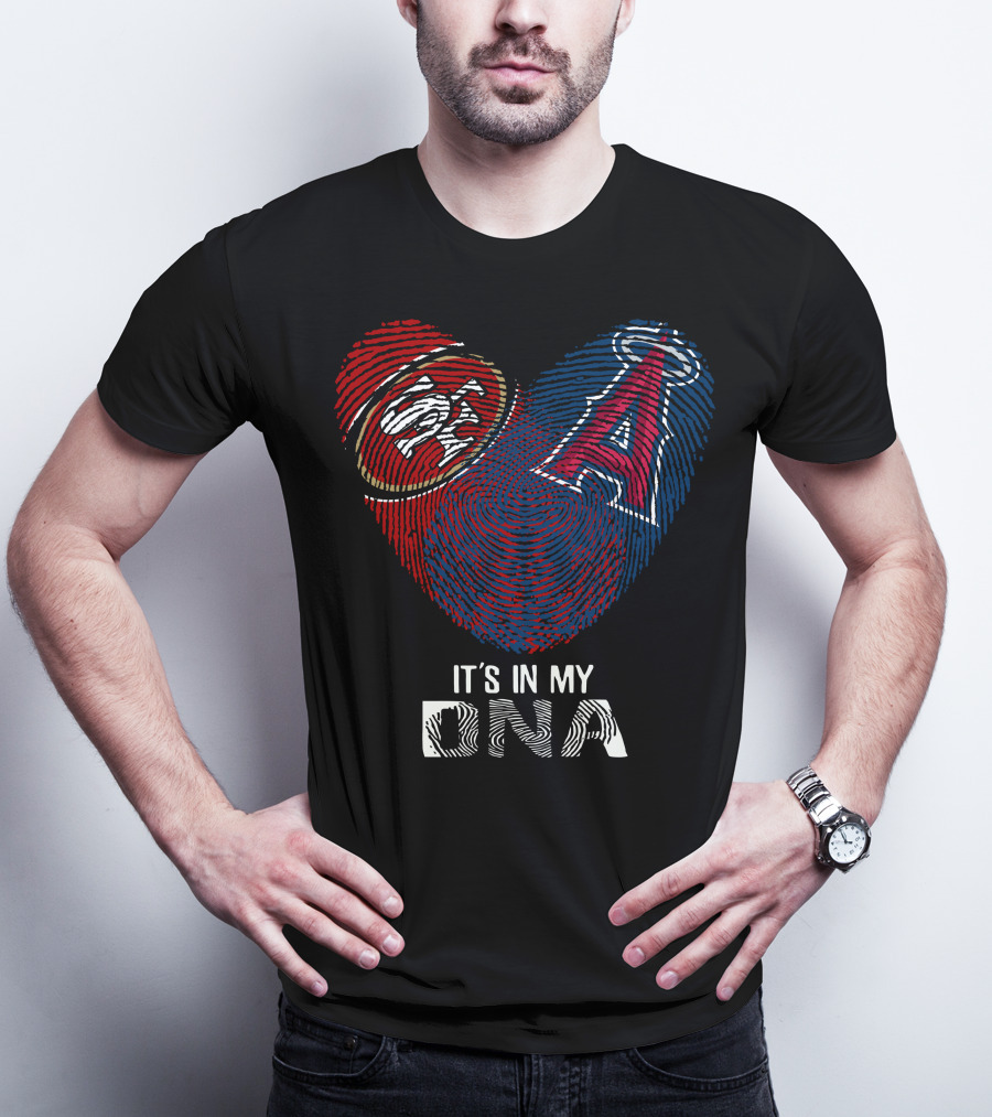 49Ers SF Logo And Los Angeles Angels DNA Fingerprint Heart T-Shirt