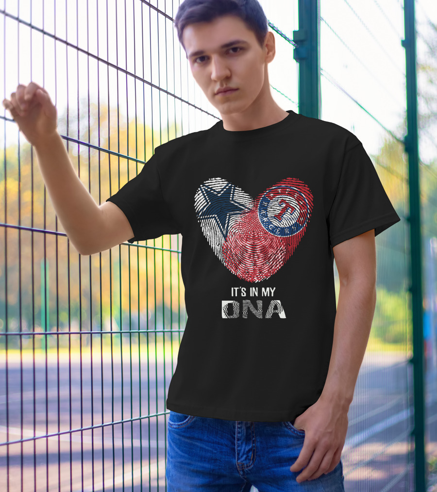 Cowboys Rangers It's In My DNA Fingerprint Heart With Star And Baseball T-Shirt