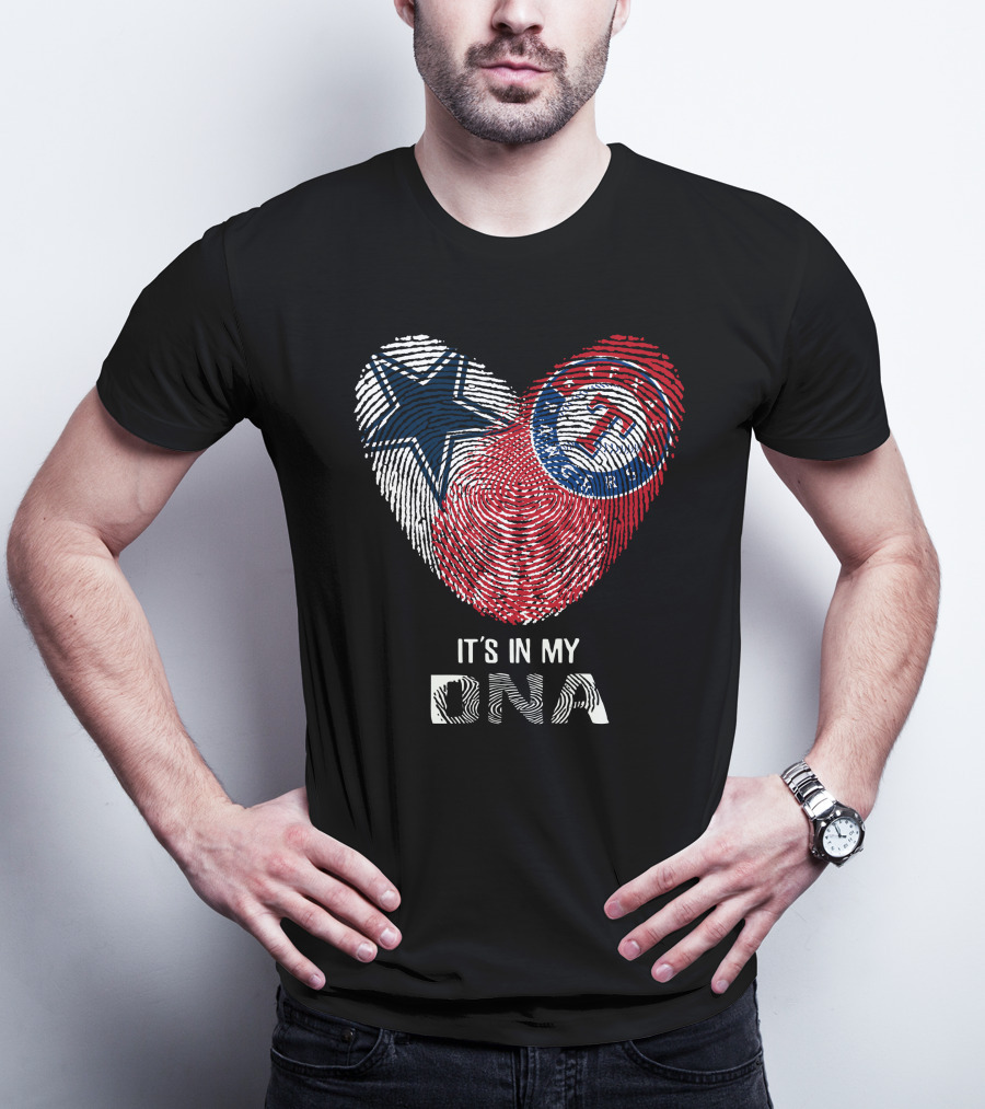 Cowboys Rangers It's In My DNA Fingerprint Heart With Star And Baseball T-Shirt