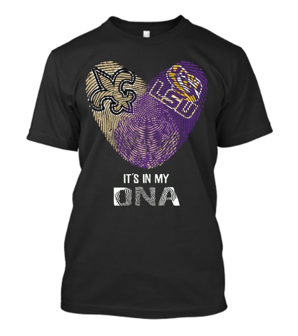 Saints Lsu It's In My Dna Fingerprint Heart Fleur-De-Lis Logo Purple Gold T-Shirt