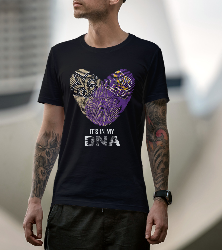 Saints Lsu It's In My Dna Fingerprint Heart Fleur-De-Lis Logo Purple Gold T-Shirt