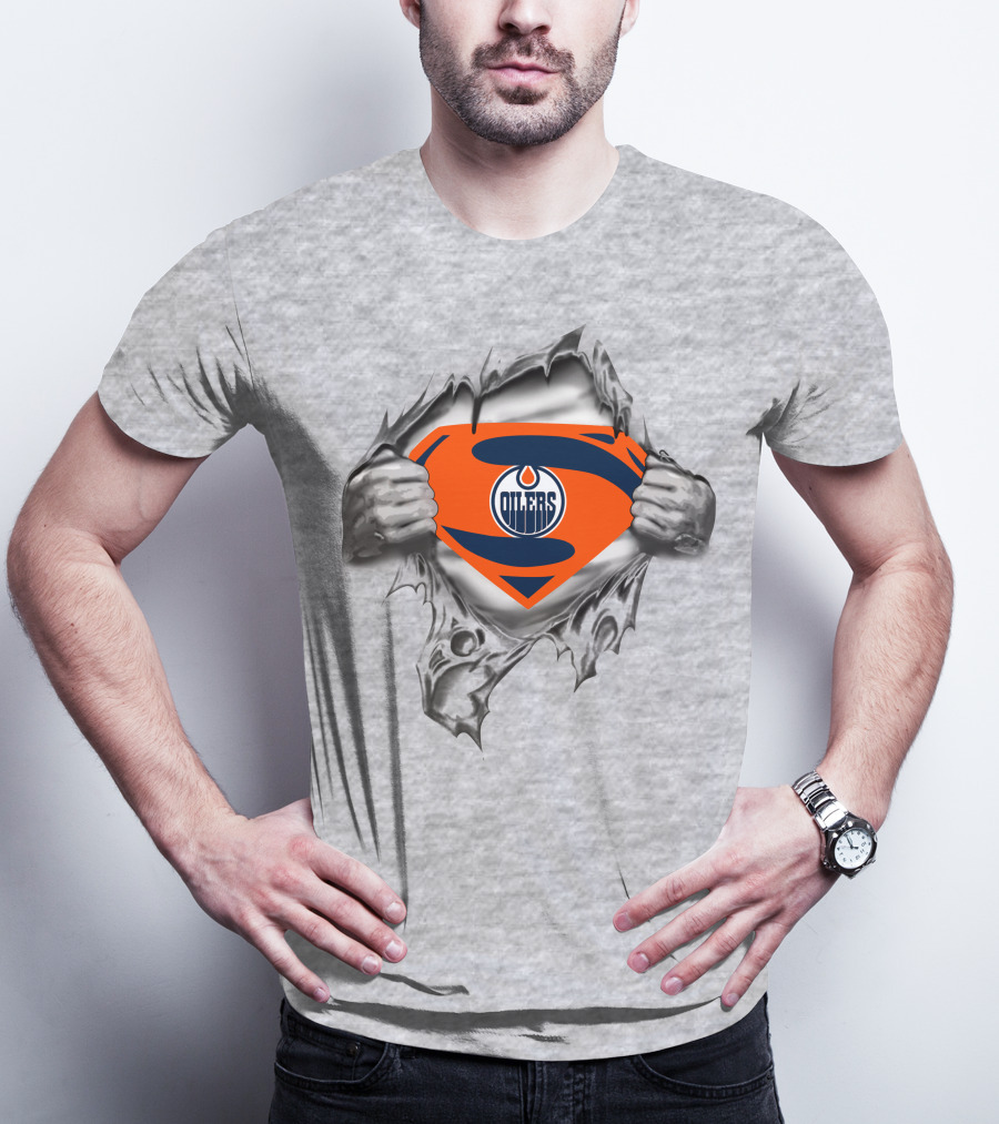 Edmonton Oilers Superman Logo Fusion With Torn Ripped Shirt Effect T-Shirt
