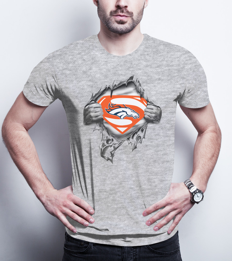 Broncos Super Man Logo Gray Torn Effect T-Shirt