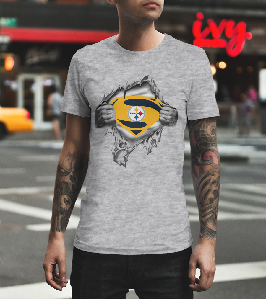 Steelers Super Man Emblem Rip Through Fabric T-Shirt
