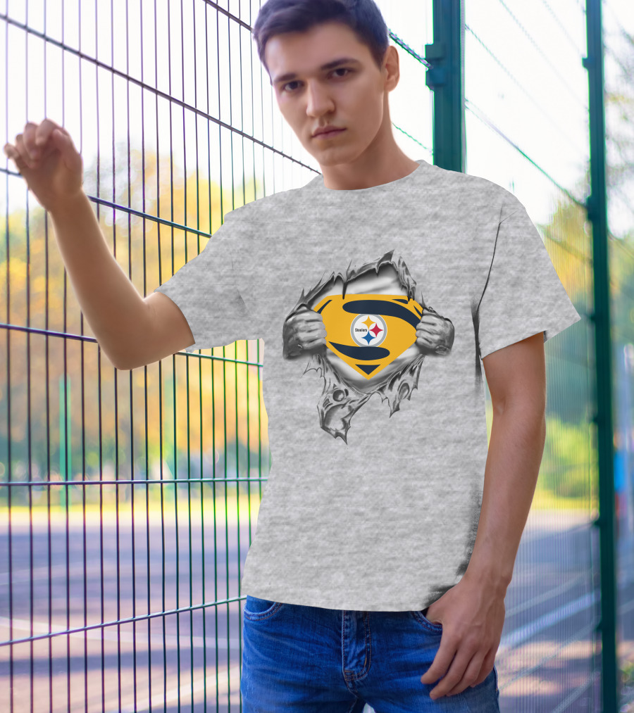 Steelers Super Man Emblem Rip Through Fabric T-Shirt