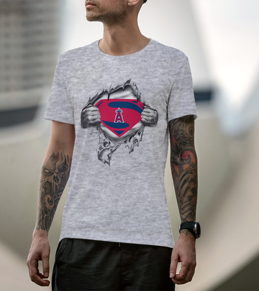 Superman Angels Logo Burst Silver Torn Fabric T-Shirt