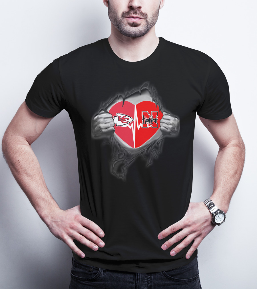 Kansas City Chiefs Nebraska Huskers Heart Logo Fusion Fan T-Shirt
