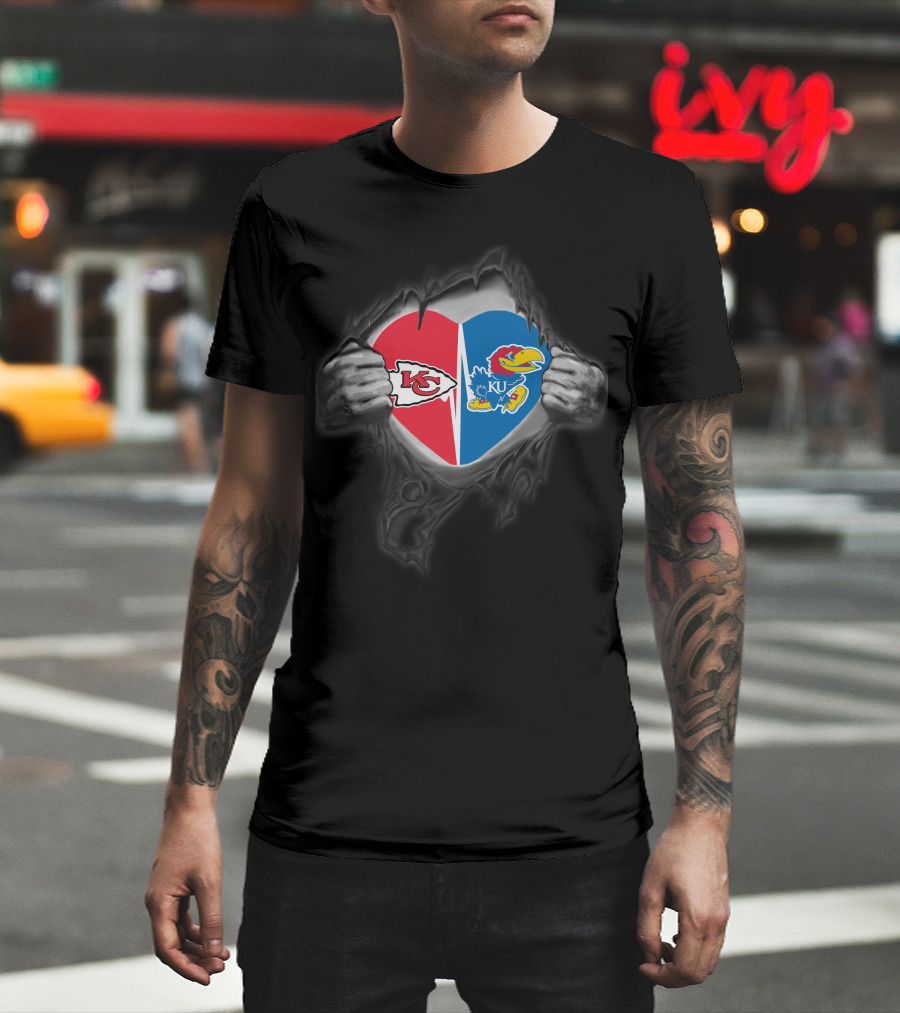 Kansas City Chiefs KU Jayhawks Heart Torn Metal T-Shirt