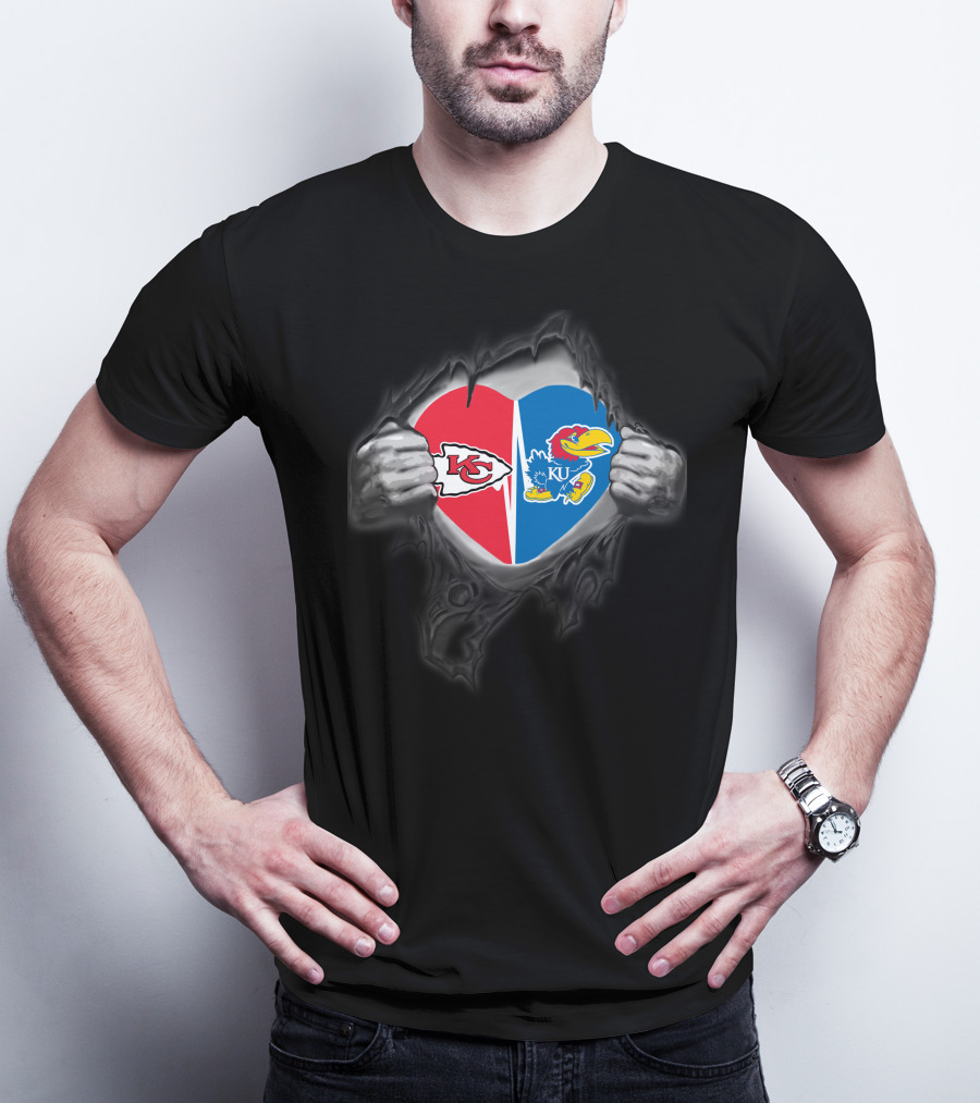 Kansas City Chiefs KU Jayhawks Heart Torn Metal T-Shirt