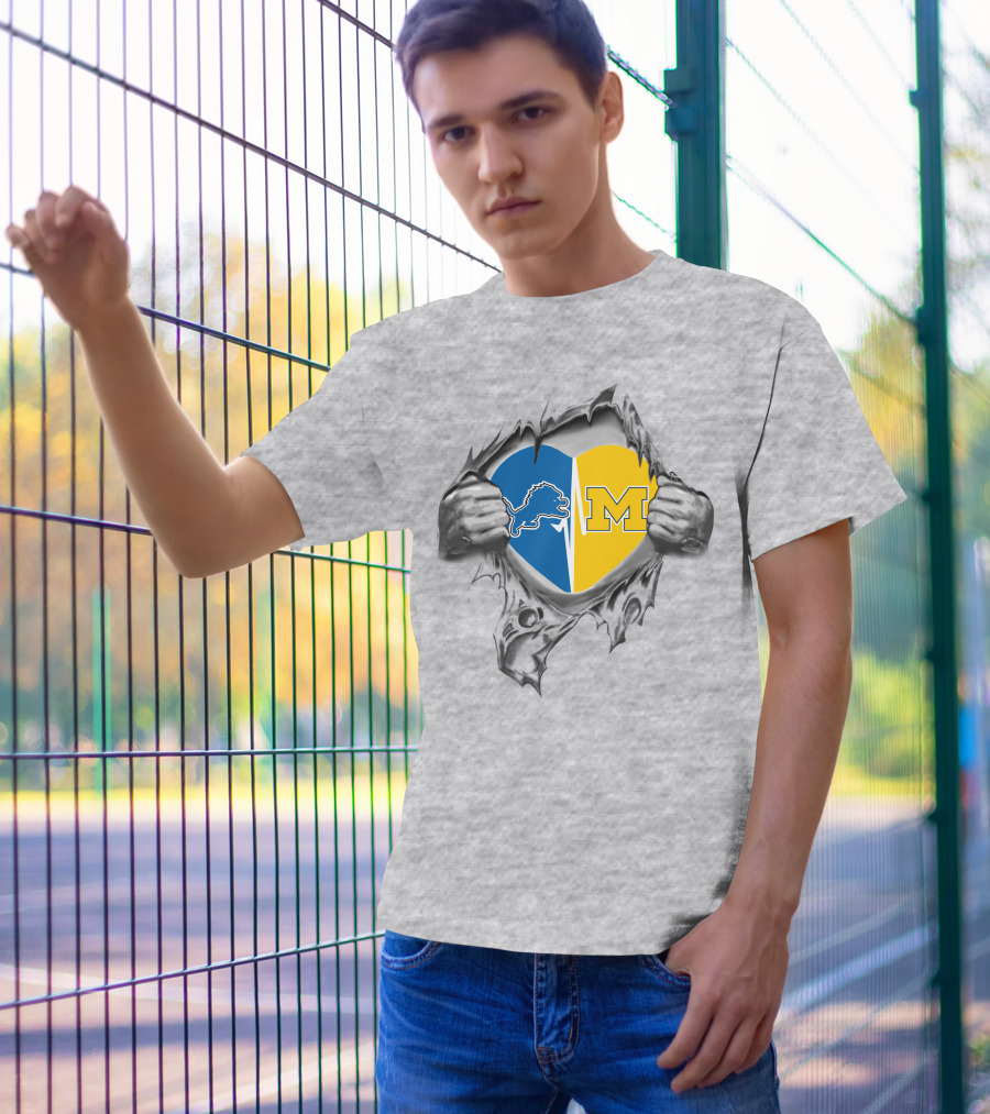 Detroit Lions University Of Michigan Heart Ripped T-Shirt