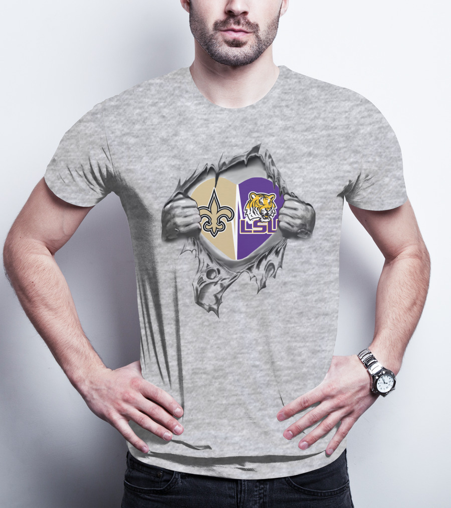 Saints LSU Heart Logos New Orleans Tigers T-Shirt