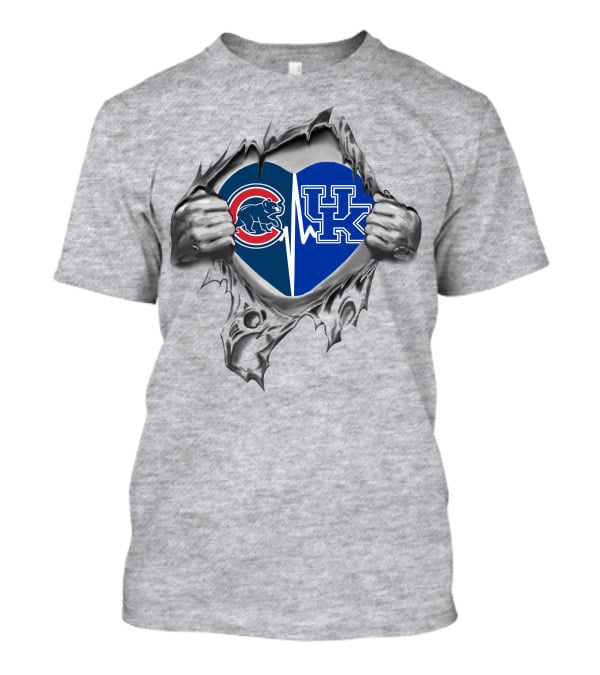 Cubs Kentucky Heart With Chicago Cubs And Kentucky Wildcats Logos In Torn Fabric T-Shirt