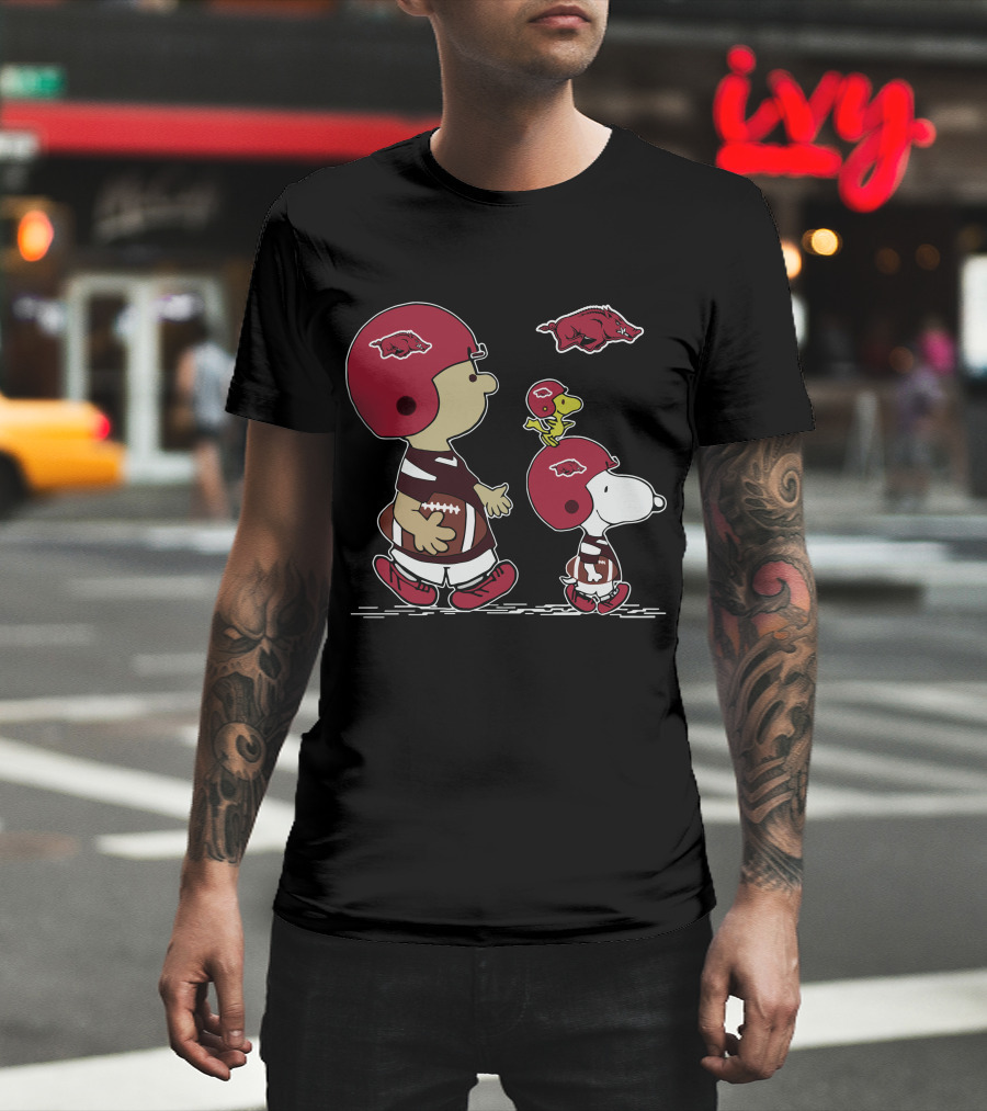 Arkansas Razorbacks Football Snoopy And Woodstock With Helmets And Hog T-Shirt