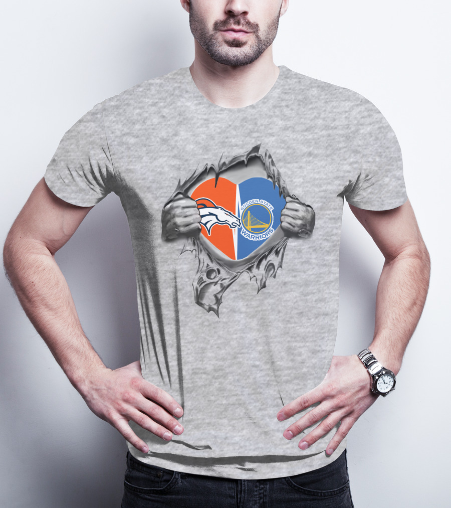Denver Broncos Golden State Warriors Heart Torn T-Shirt