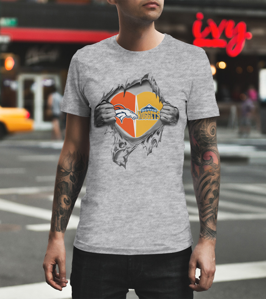 Broncos Denver Nuggets Heart Ripped Open T-Shirt