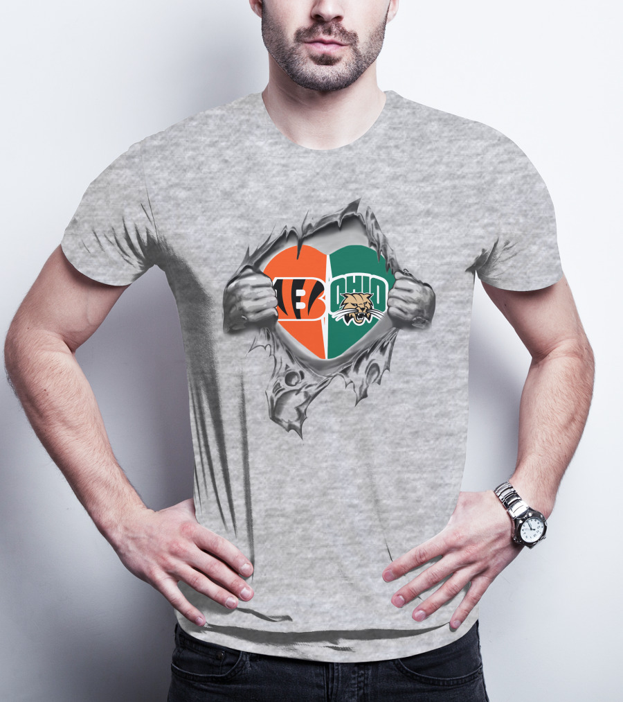 Cincinnati Bengals Ohio Bobcats Heart Logo Football T-Shirt