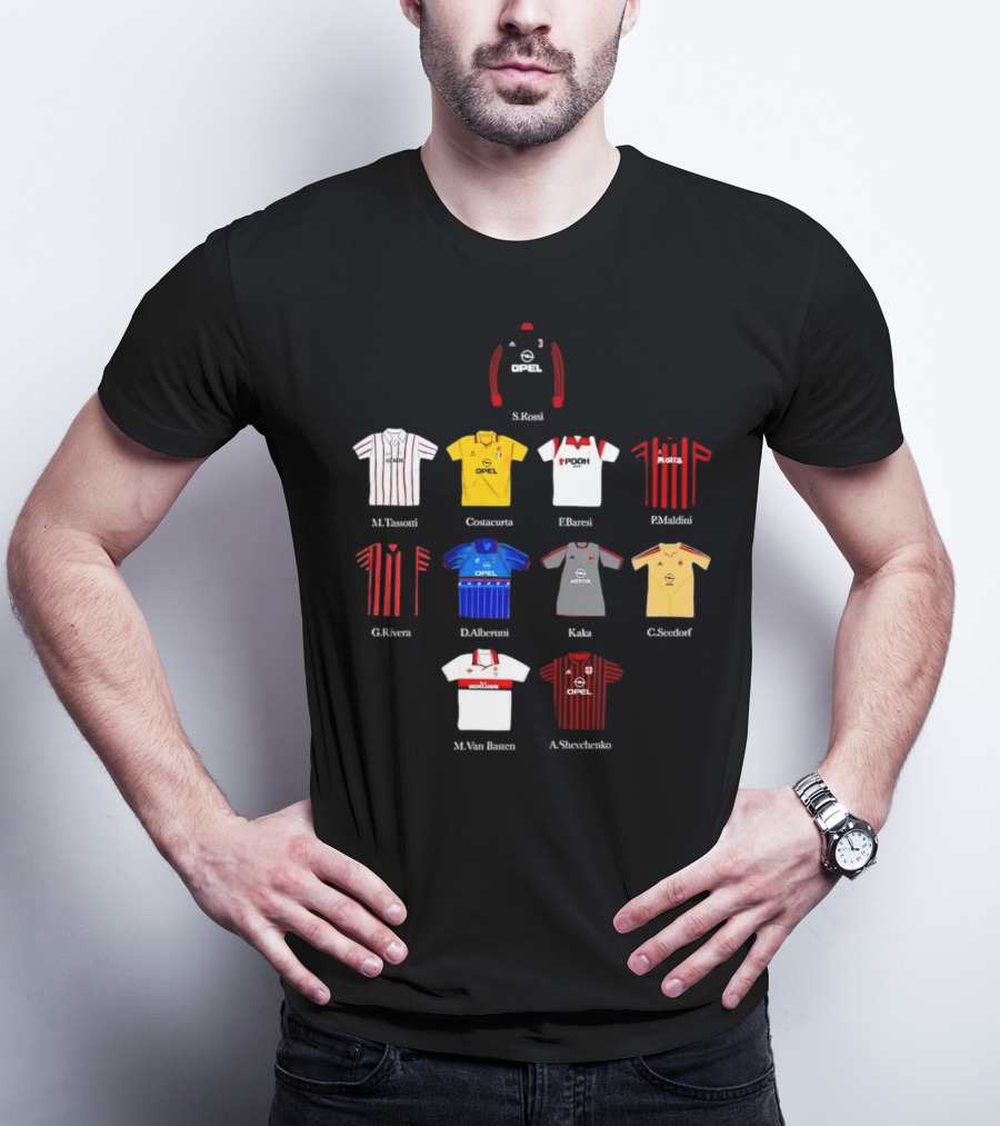 A.C. Milan FC Opel Uniform S. Rossi M. Tassotti A. Costacurta F. Baresi P. Maldini G. Rivera D. Albertini Kaka C. Seedorf M. Van Basten A. Shevchenko T-Shirt
