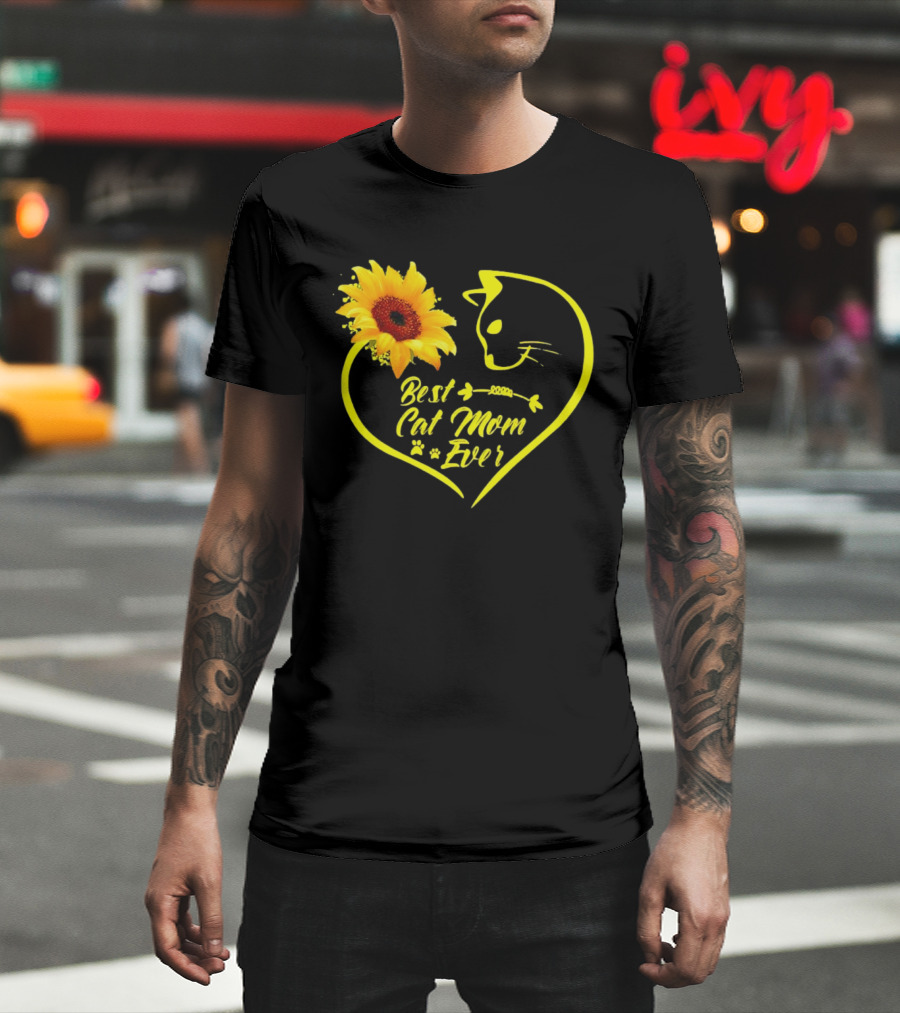 Best Cat Mom Ever Sunflower Heart Love Cat Face T-Shirt