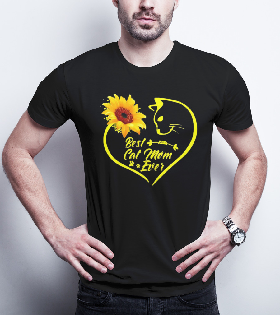 Best Cat Mom Ever Sunflower Heart Love Cat Face T-Shirt
