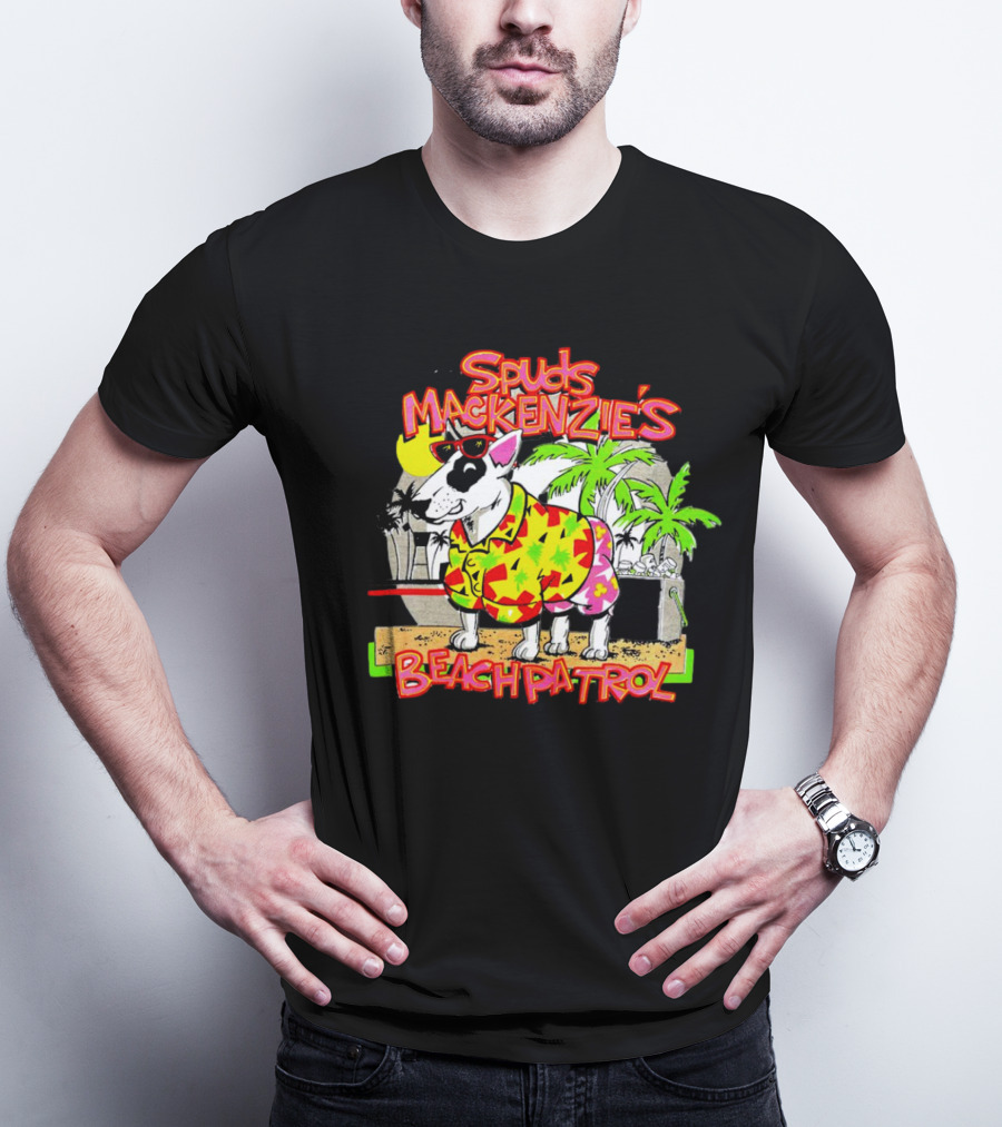 Spuds Mackenzie’s Beach Patrol Tropical Style Dog In Sunglasses And Hawaiian Shirt With Palm Trees T-Shirt