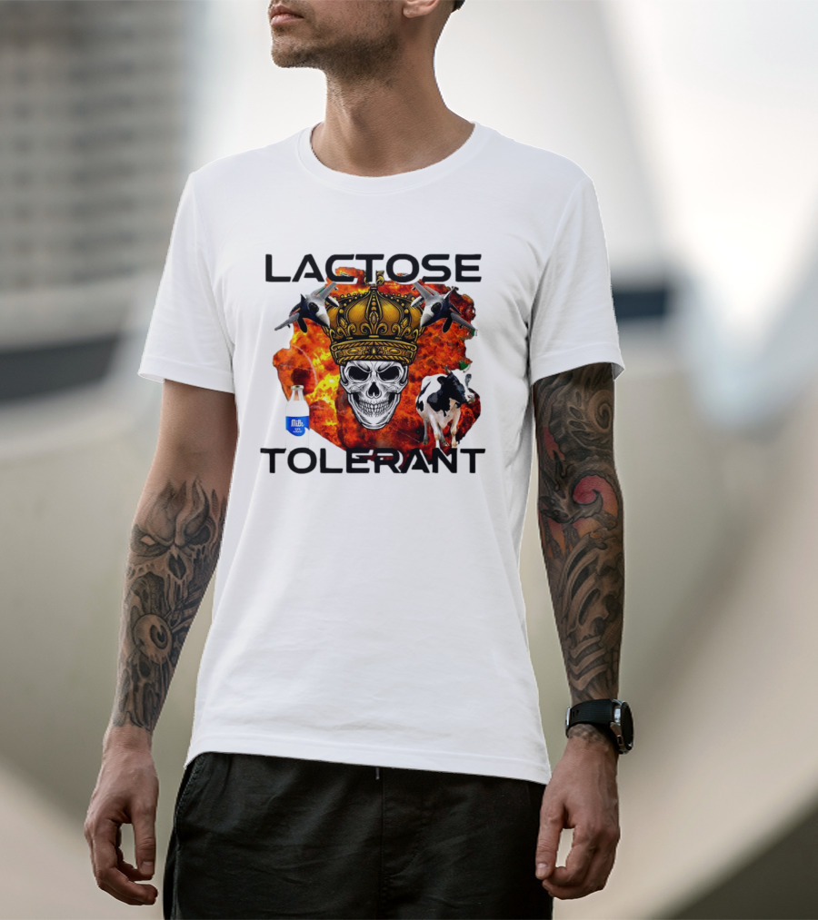 Lactose Tolerant Skull Crown Cow Milk Aircraft Explosion T-Shirt