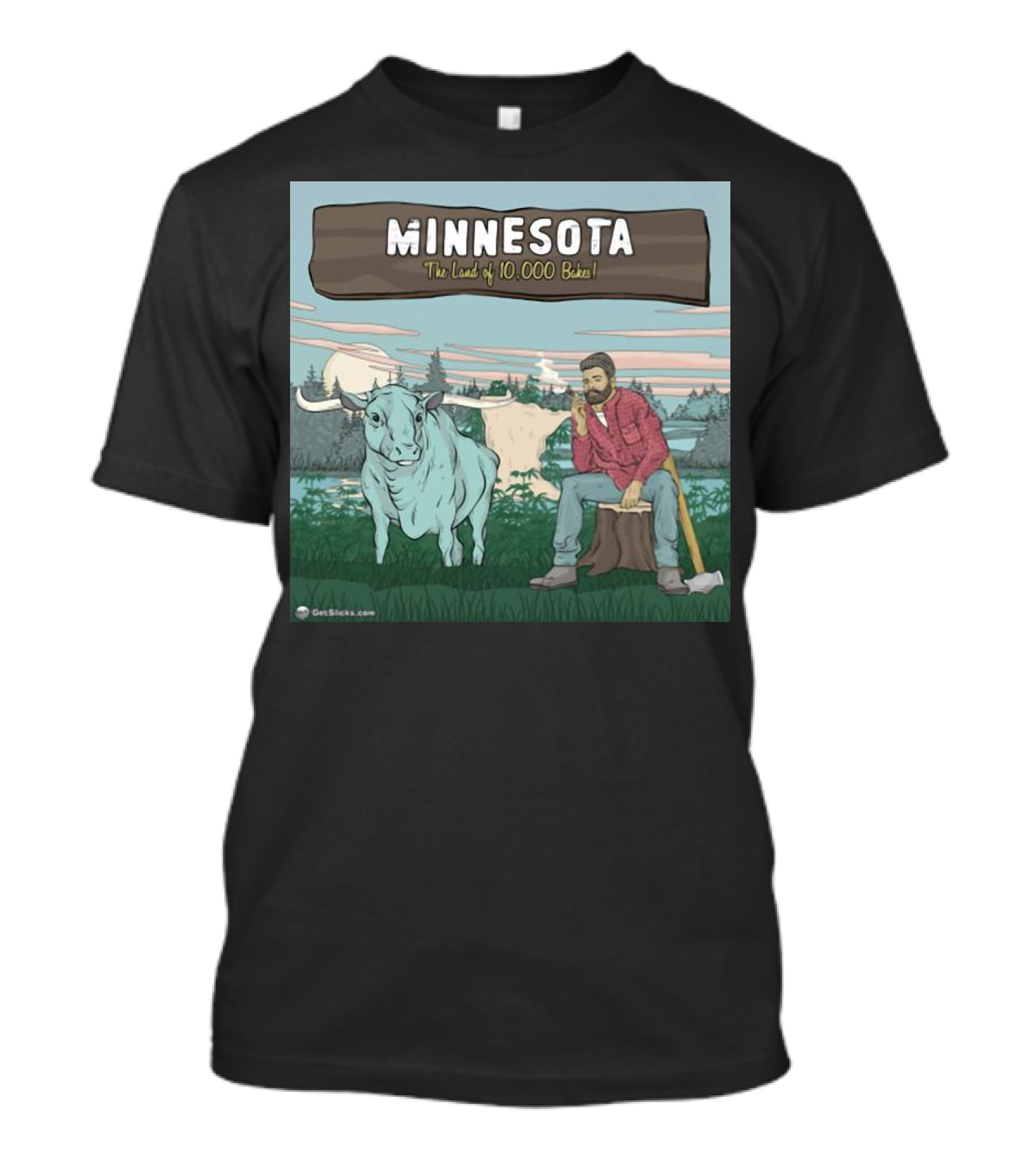Minnesota The Land Of 10,000 Bakes With Blue Ox And Lumberjack In Forest Scene T-Shirt