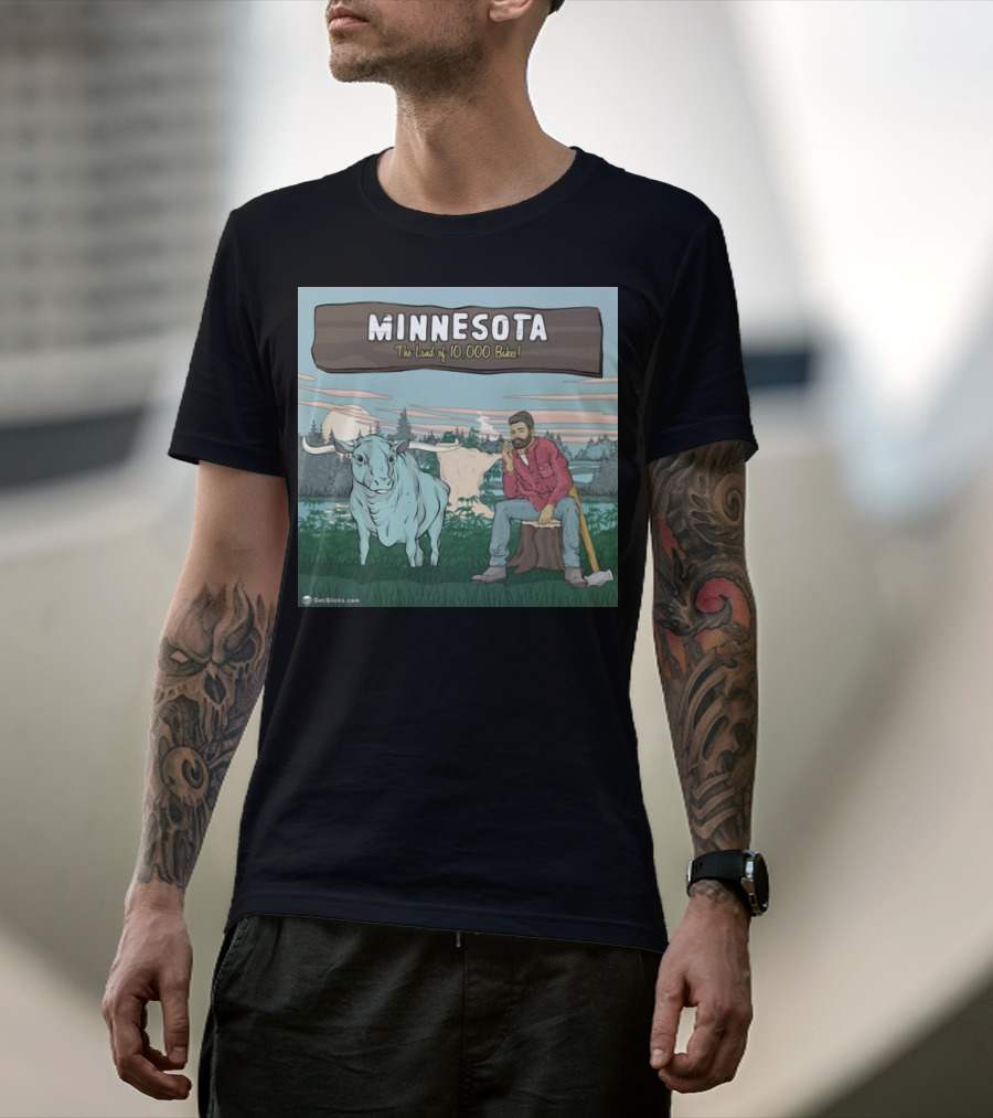 Minnesota The Land Of 10,000 Bakes With Blue Ox And Lumberjack In Forest Scene T-Shirt