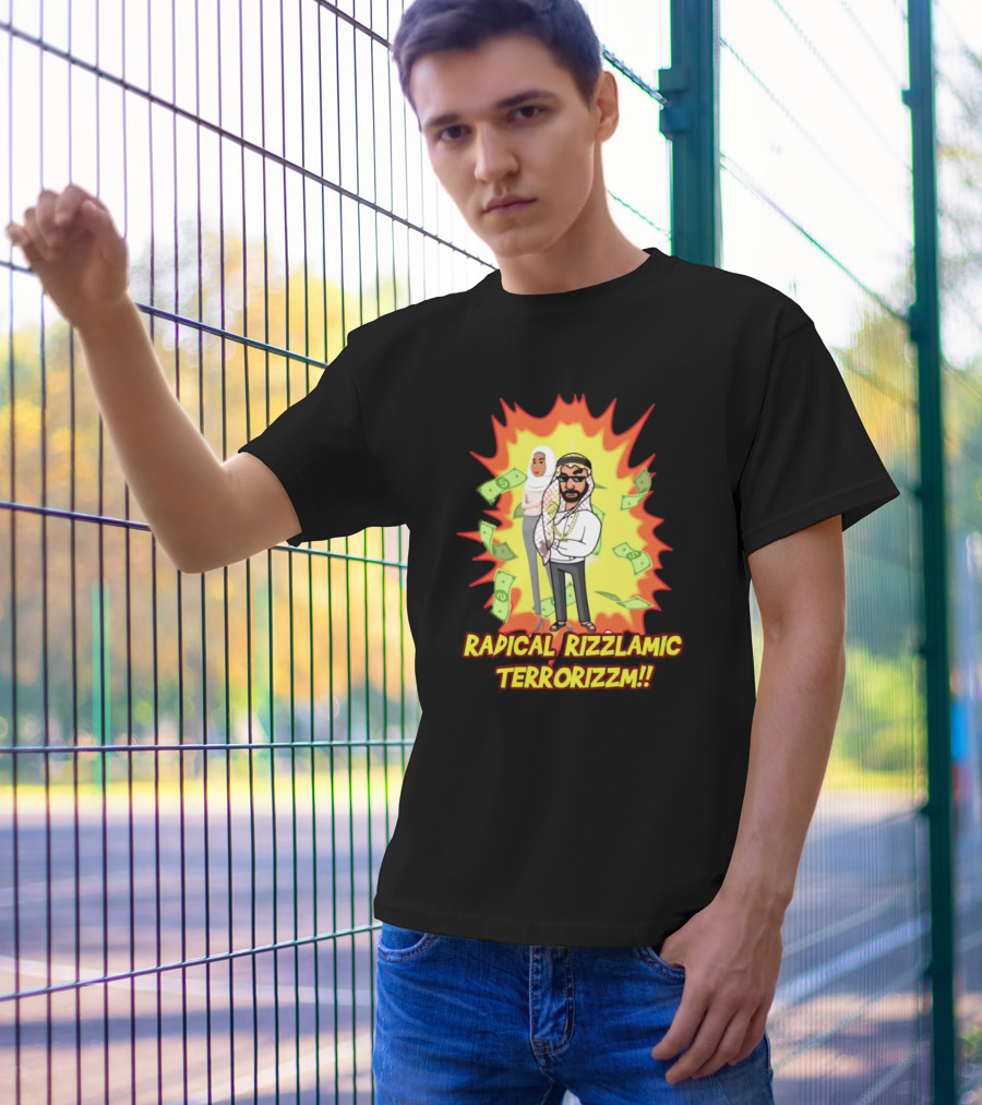 Radical Rizzlamic Terrorizzm Cartoon Characters Surrounded By Money Explosion T-Shirt