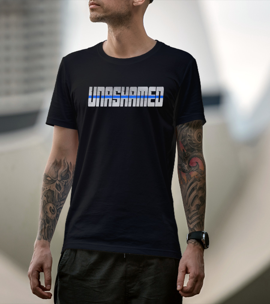 Unashamed Bold Distressed Text With Blue Line T-Shirt