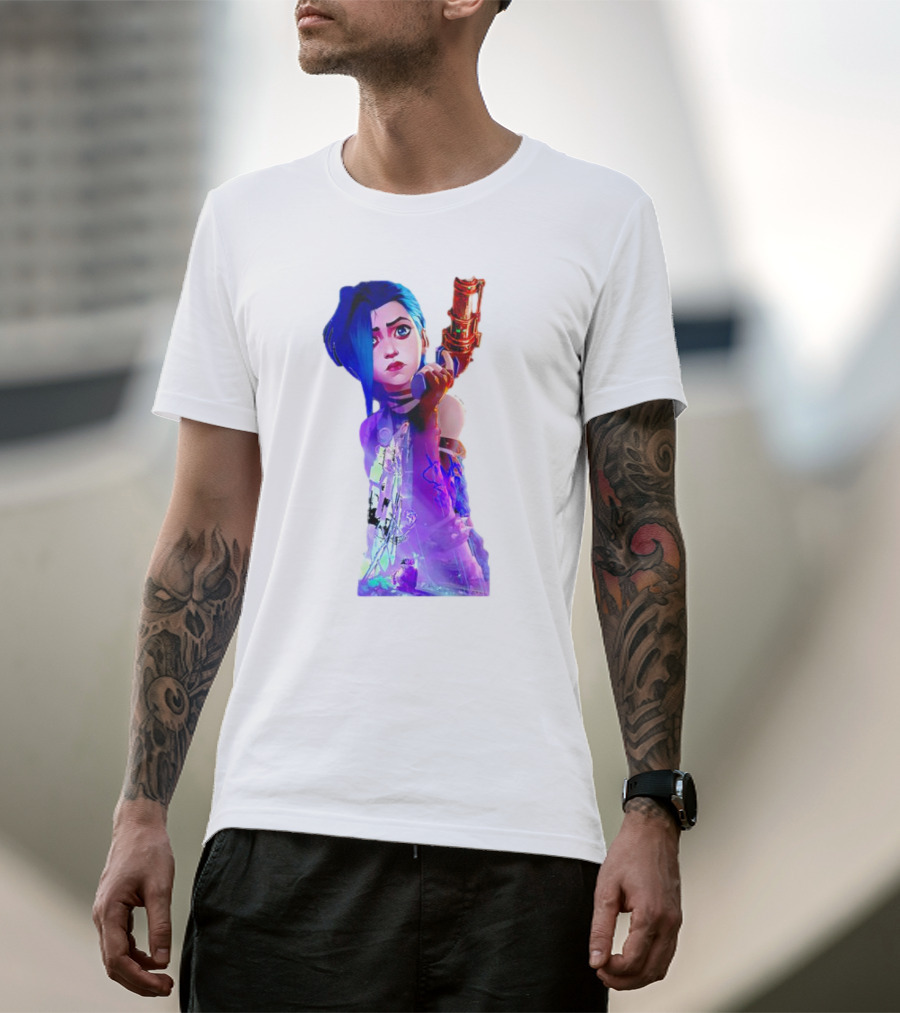Arcane Jinx League Of Legends Character With Blue Hair And Toy Gun T-Shirt