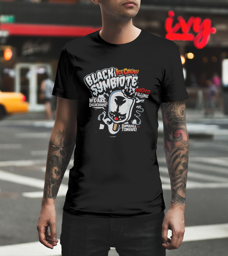 Black Symbiote Ice Cream We Are Delicious Choco Filling Gumball Tongue T-Shirt