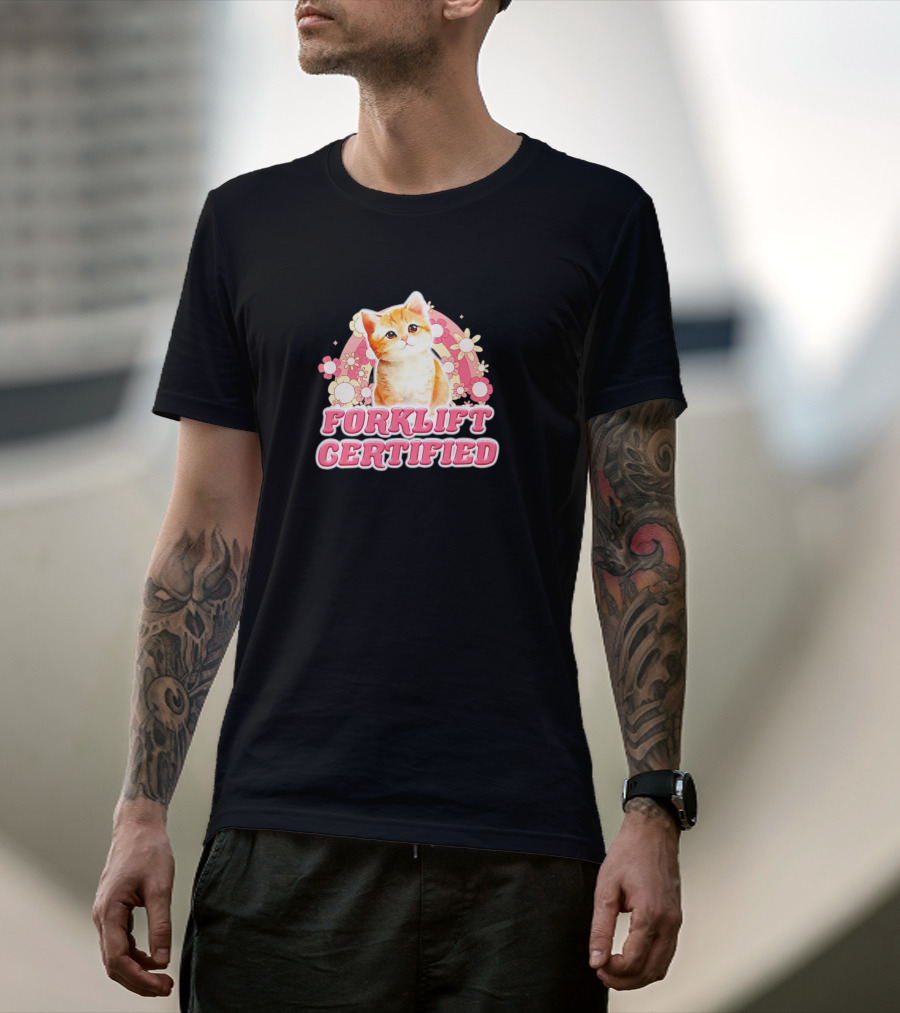 Cat Forklift Certified Cute Floral Pink T-Shirt