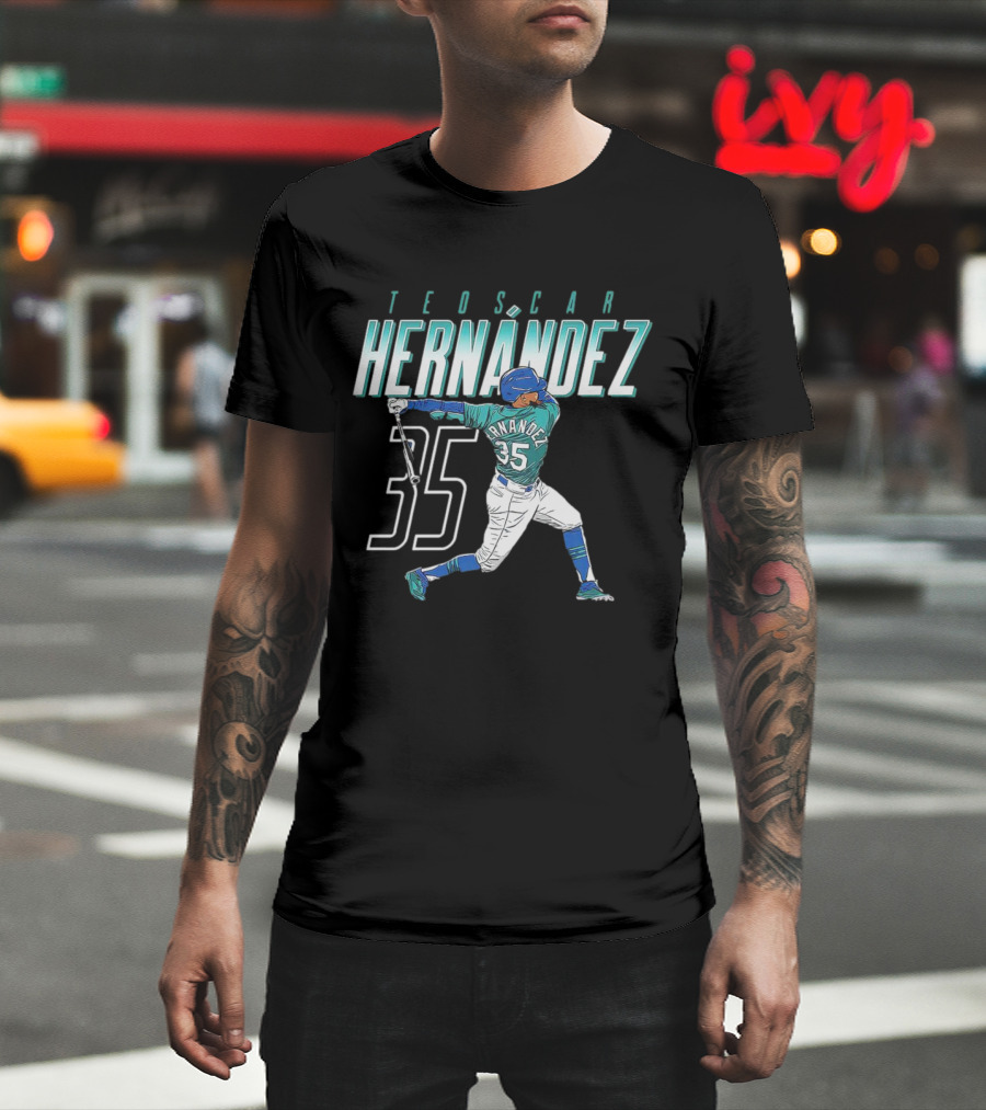 Teoscar Hernández Mariners 35 Swinging Action T-Shirt