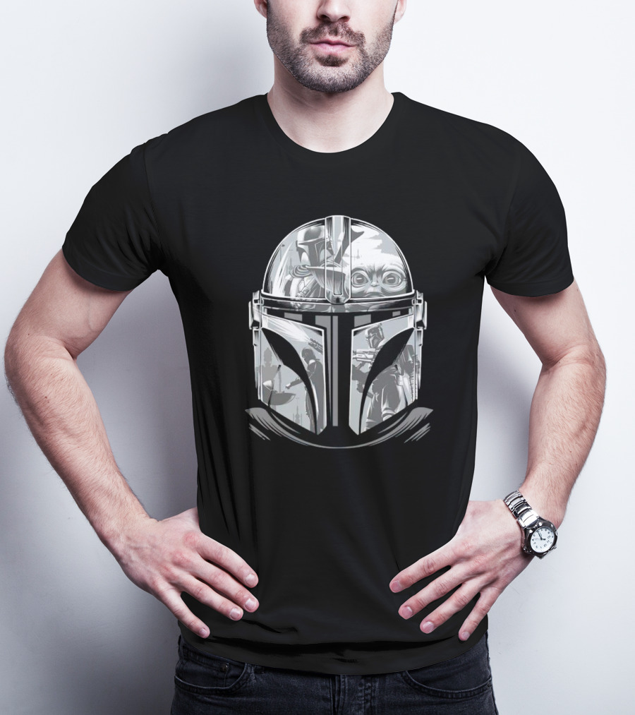 Mandalorian Helmet Artwork With Grogu And Bounty Hunter Scenes T-Shirt