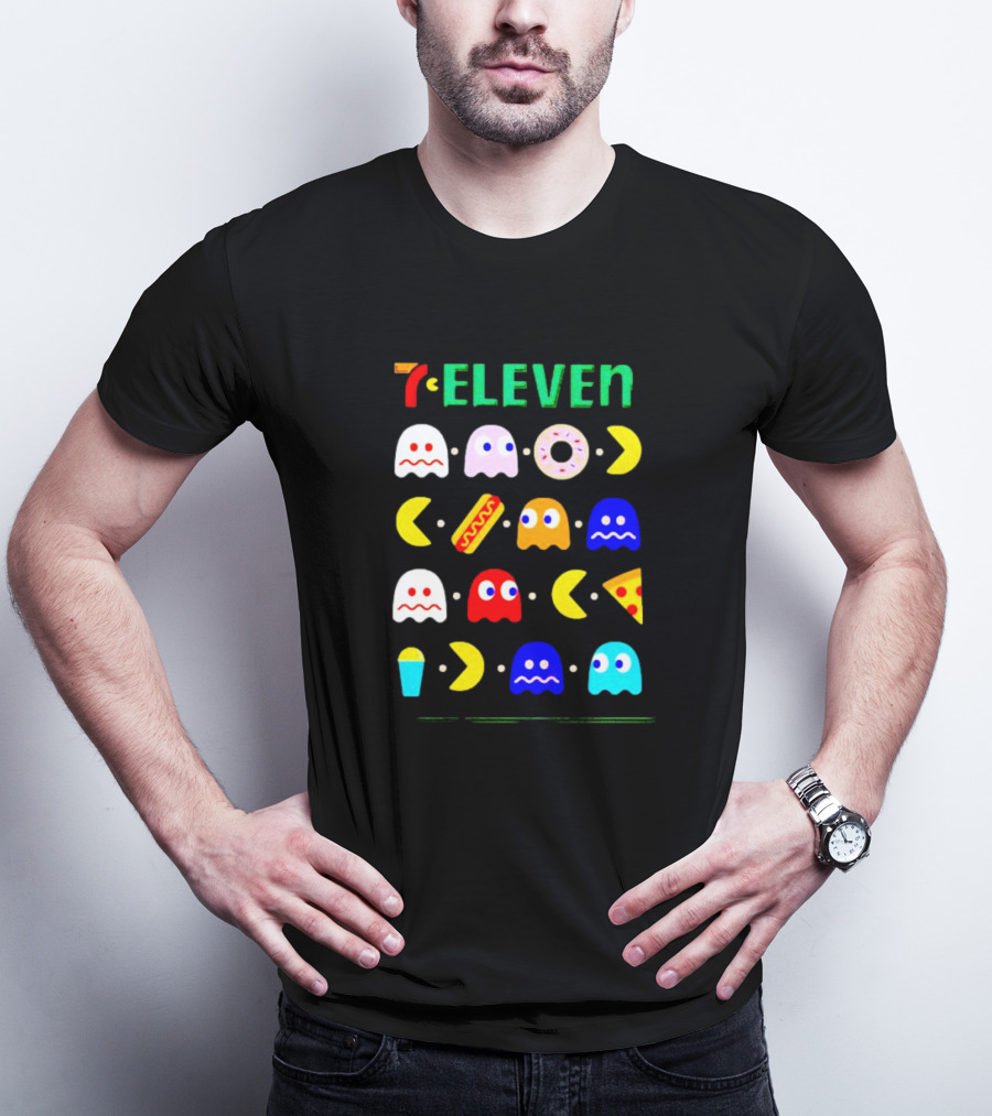 7 Eleven Pac Man Ghosts Donut Hot Dog Pizza Icons T-Shirt