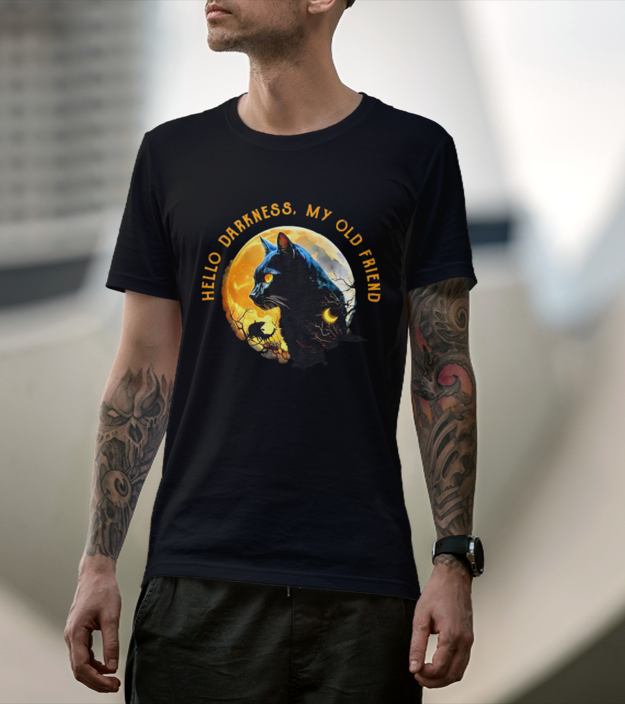 Black Cat Hello Darkness My Old Friend Moon Scene T-Shirt